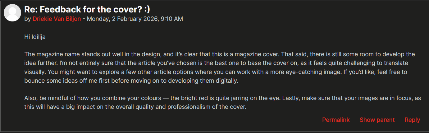 Feedback for magazine cover design – Idilija's reflective journal